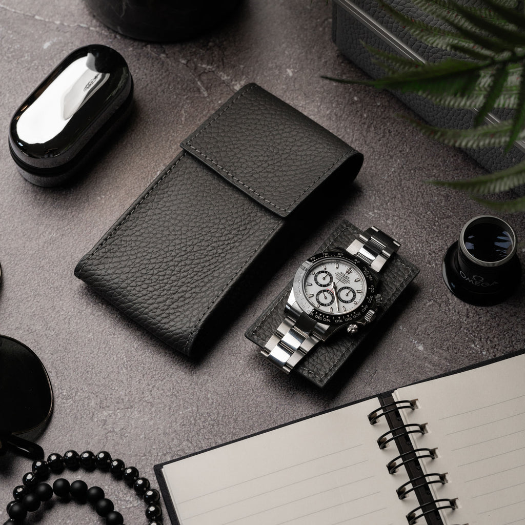 Charcoal Leather Watch Pouch – Luxury Travel Storage – IFL Watches
